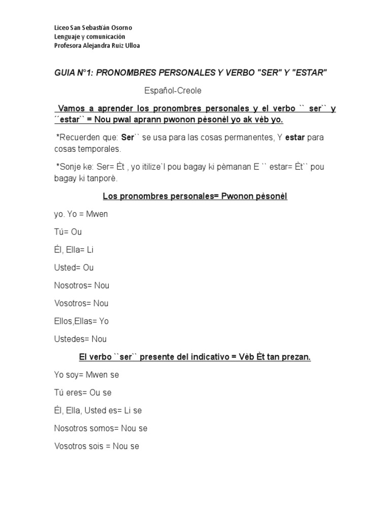 Guia N°1: Pronombres Personales Y Verbo "Ser" Y "Estar" | PDF | Pronoun ...