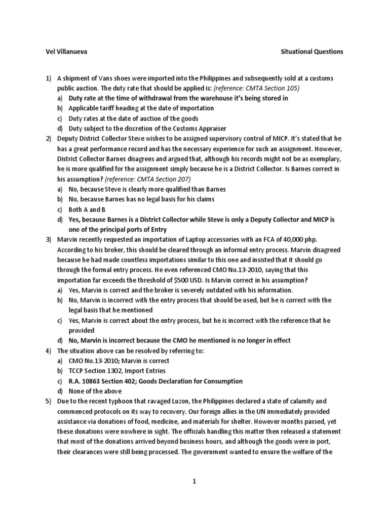 Customs Questions - Situational | PDF | Taxes | Customs