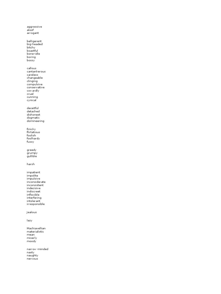 Negative Personality Adjectives List | PDF