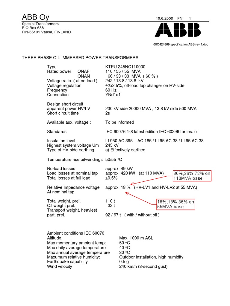 ABB 3wdg TRAFO Data Sheet | PDF | Transformer | Electrical Engineering