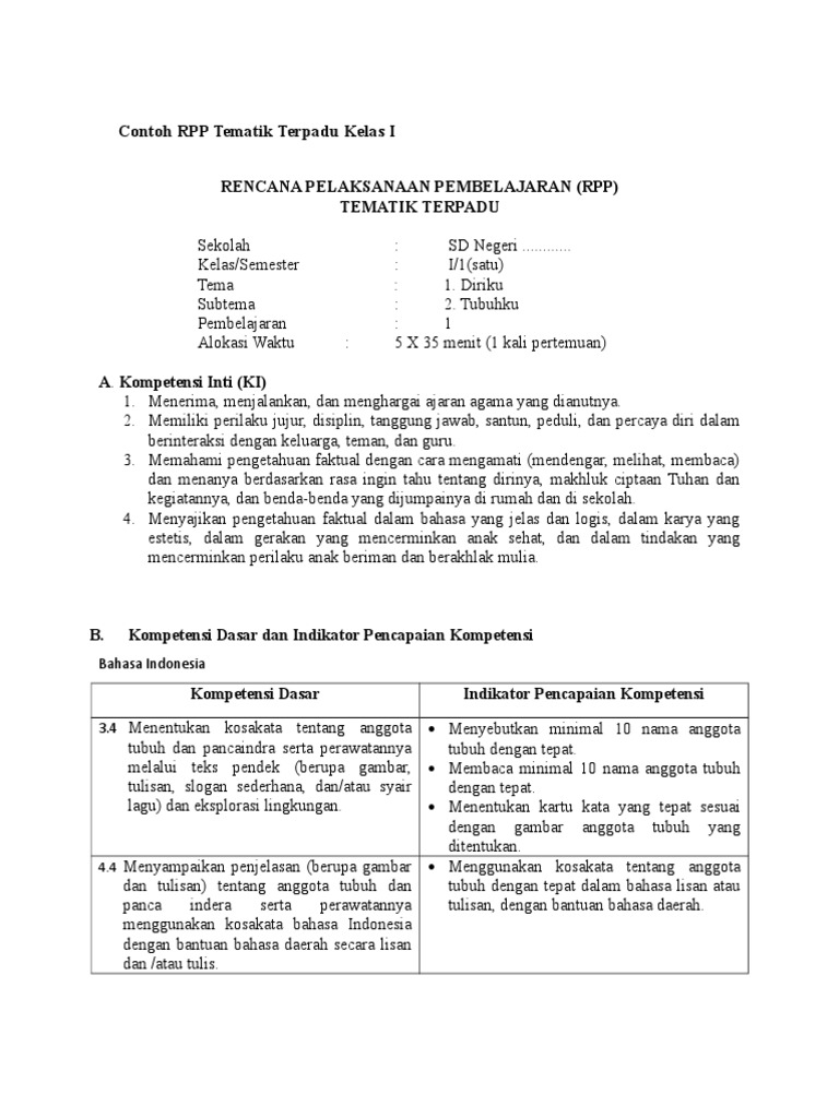 Contoh RPP Tematik Terbaru | PDF