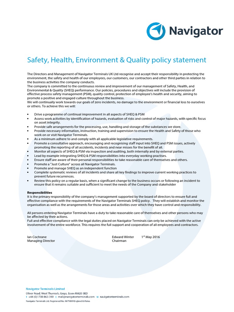 002 Health Safety Environment Policy Statement | PDF | Safety | Business