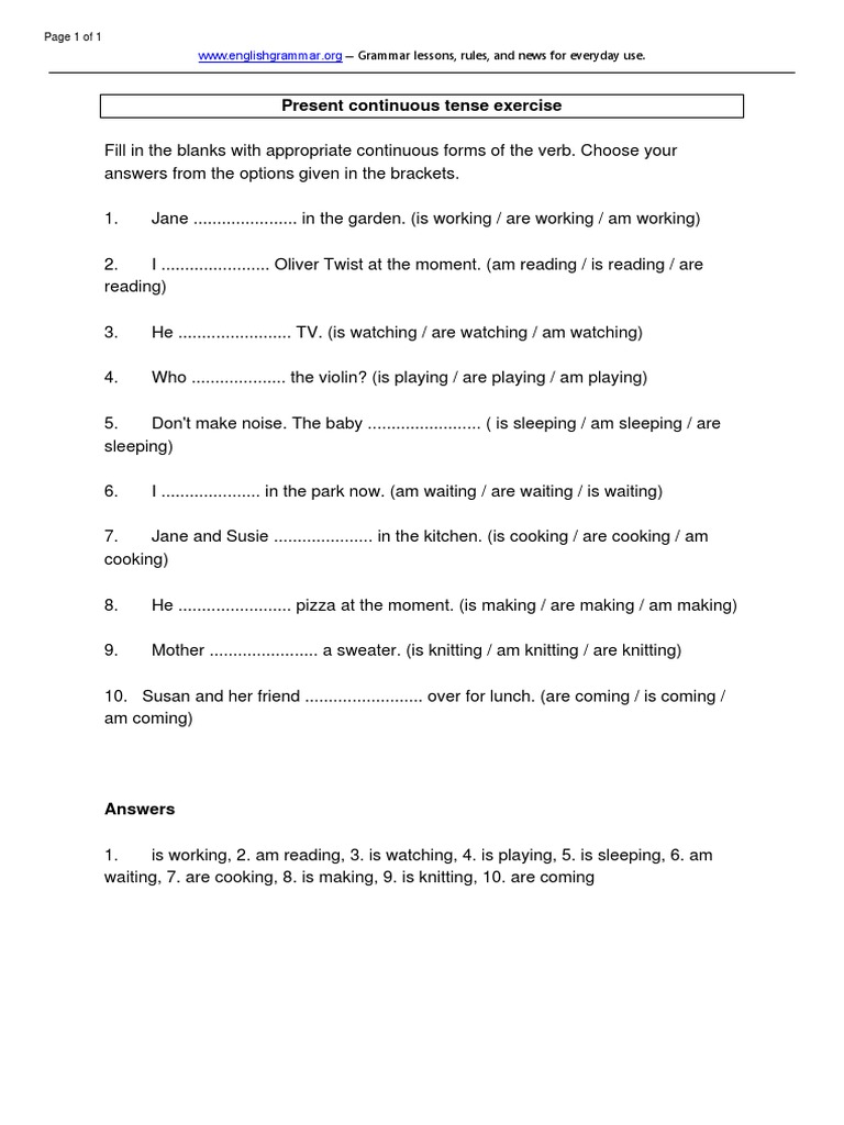 Present Continuous Tense Exercise PDF