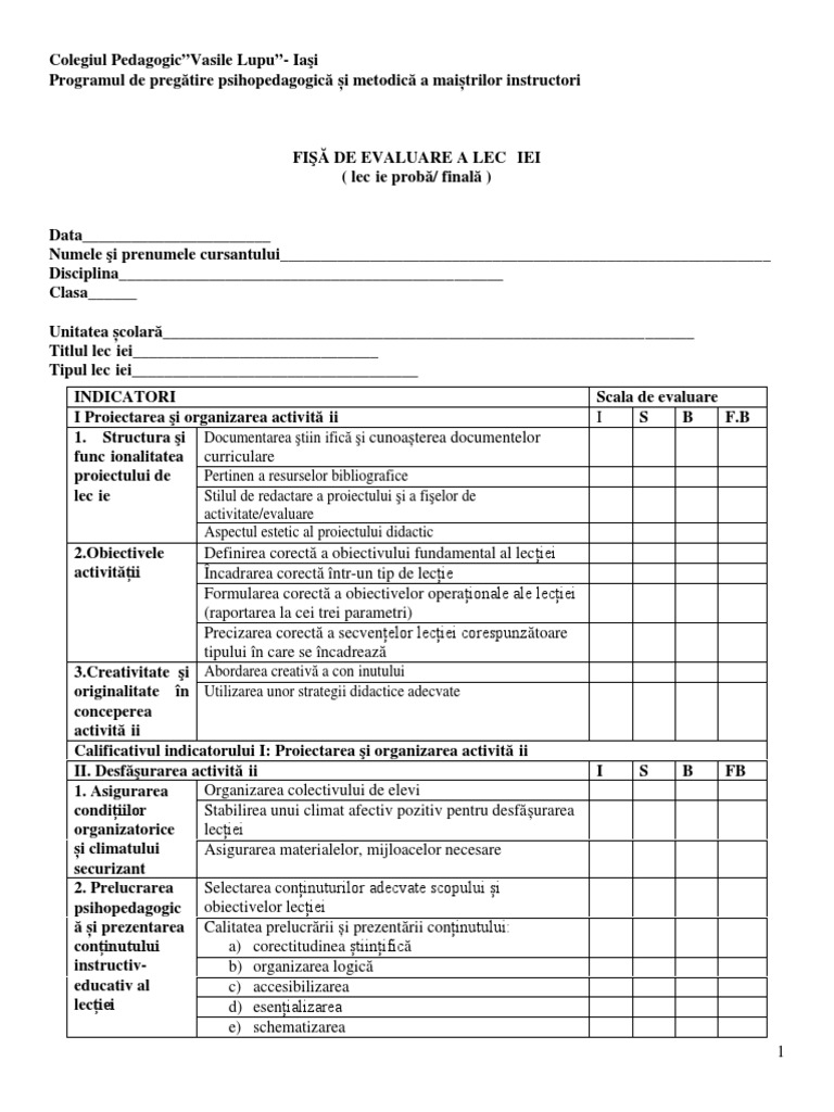 Fisa de Evaluare A Lectiei Maistri PDF | PDF