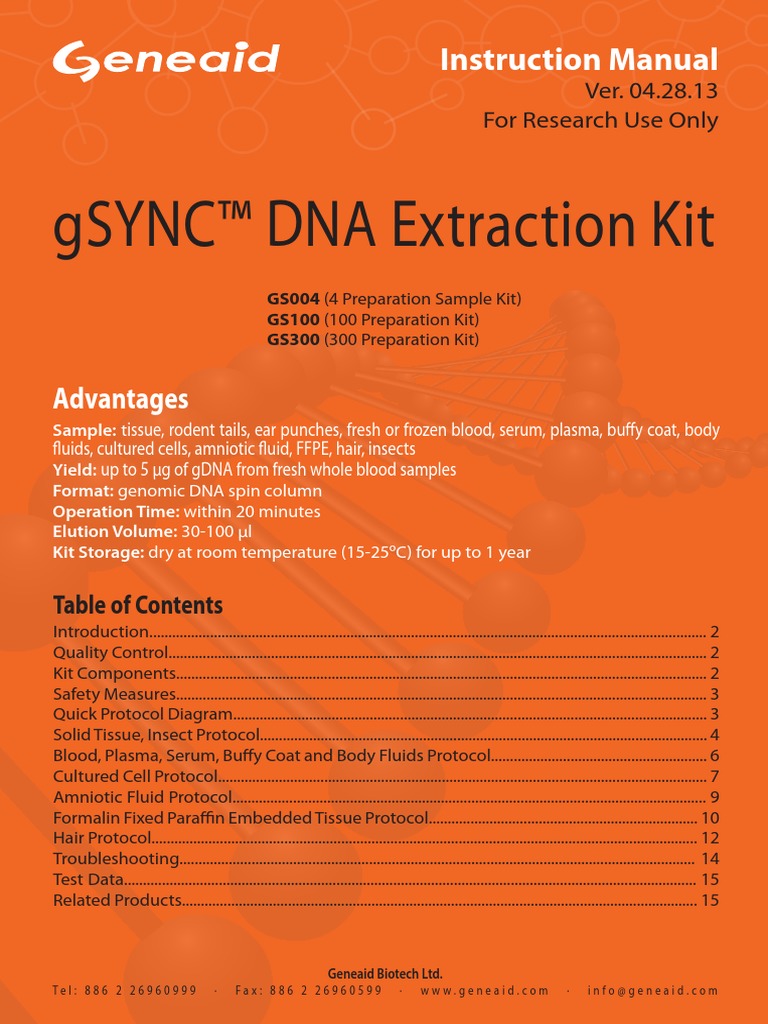 Geneaid - GSYNC DNA Extraction Kit - Protocol | PDF | Centrifugation ...