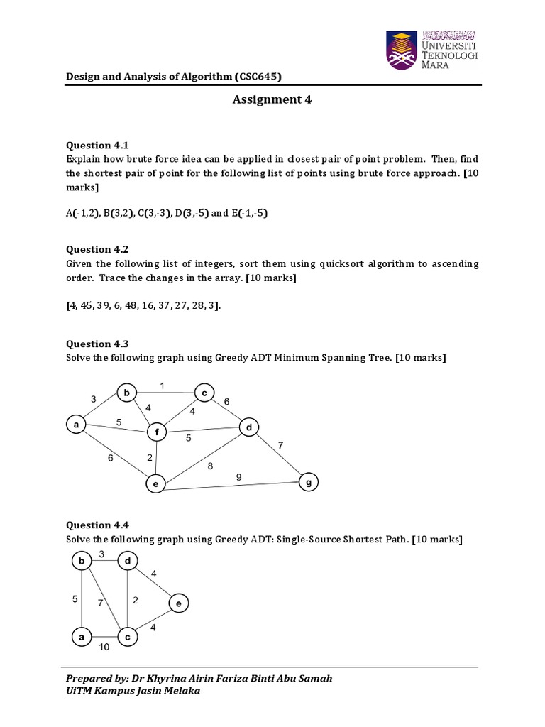 Assignment 4: Design and Analysis of Algorithm (CSC645) | PDF