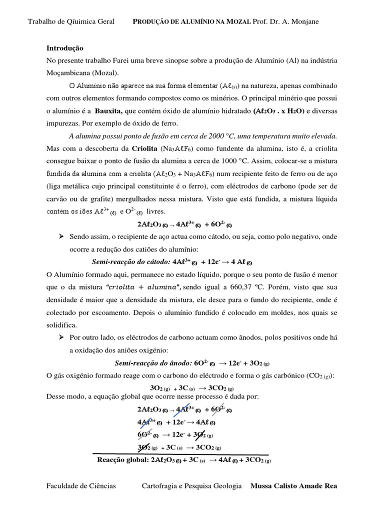 Producao de Aluminio Na Mozal. | PDF | Óxido de aluminio | Aluminio
