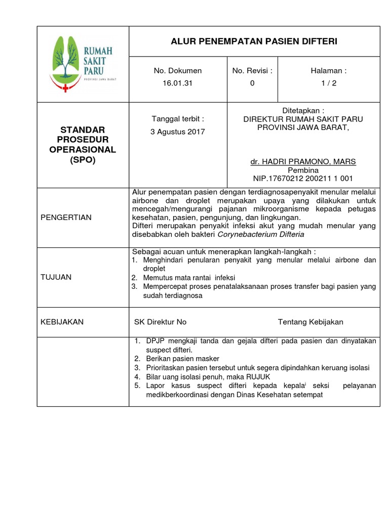 SOP Alur Penempatan Pasien Difteri | PDF