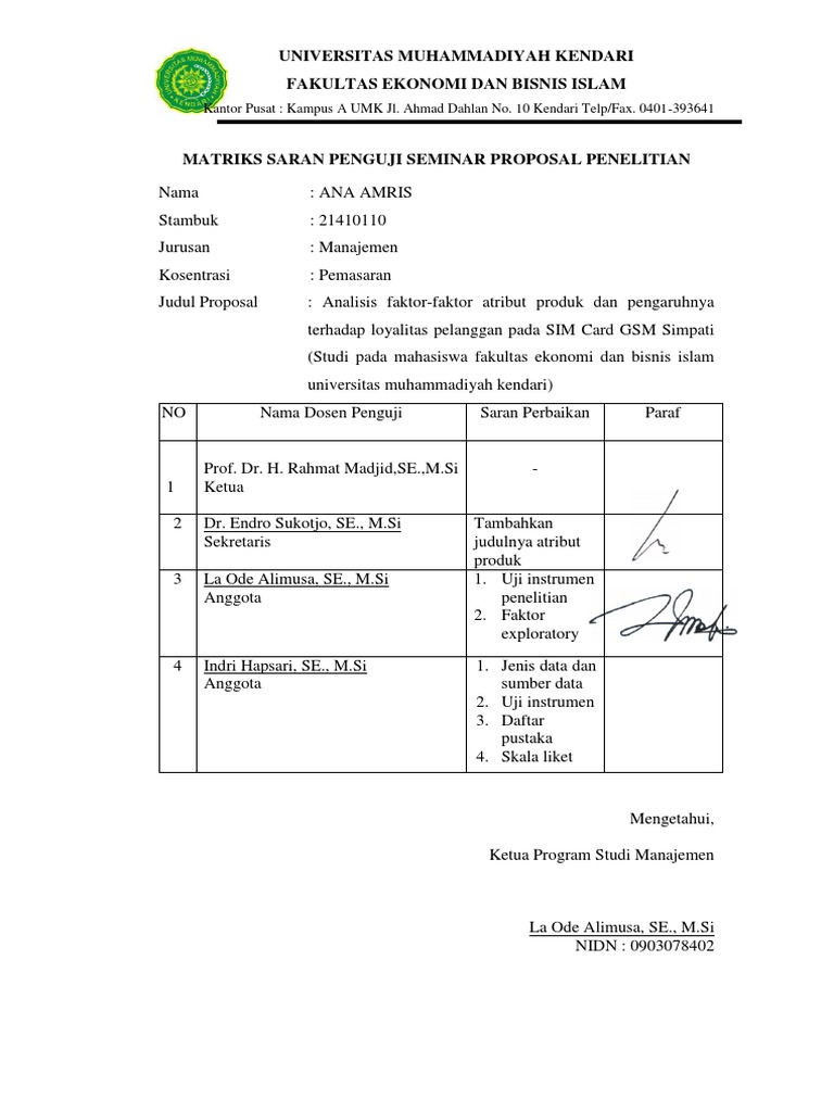Matriks Saran Penguji Seminar Proposal Penelitian | PDF