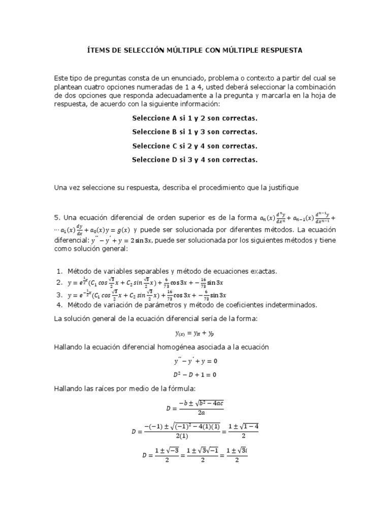 Ítems de Selección Múltiple Con Múltiple Respuesta | PDF | Integral ...