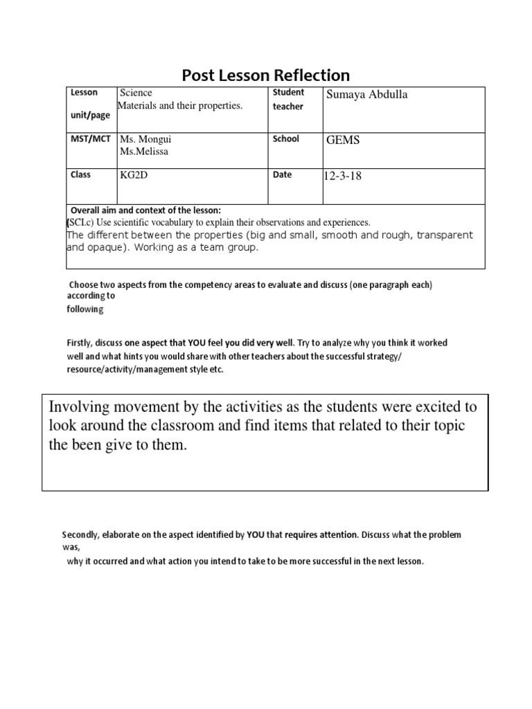 Science Lesson Reflection 1 | PDF