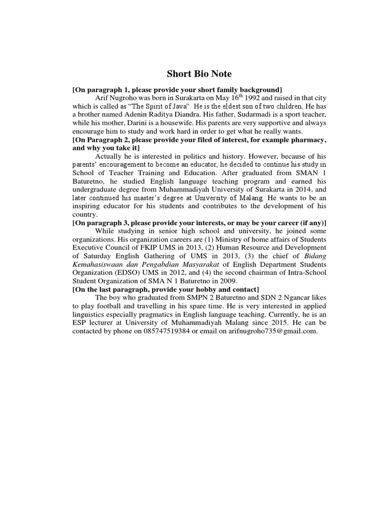 Short Bio Note: Kemahasiswaan Dan Pengabdian Masyarakat of English ...