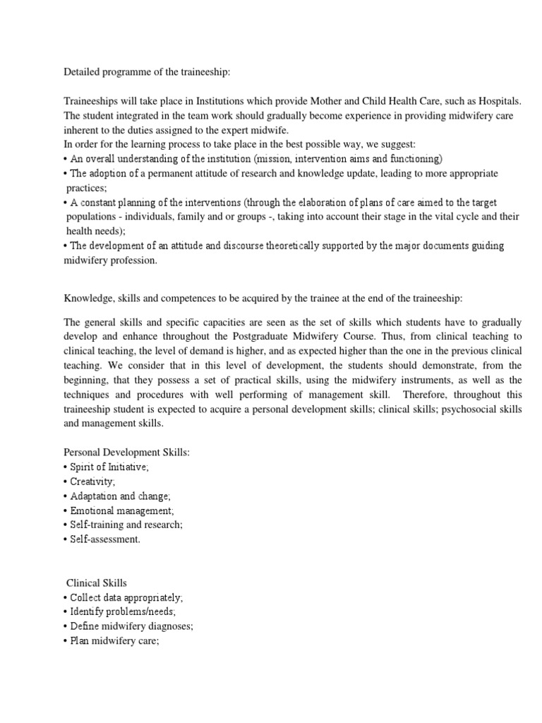 Detailed Programme Of The Traineeship Pdf Midwifery Teachers
