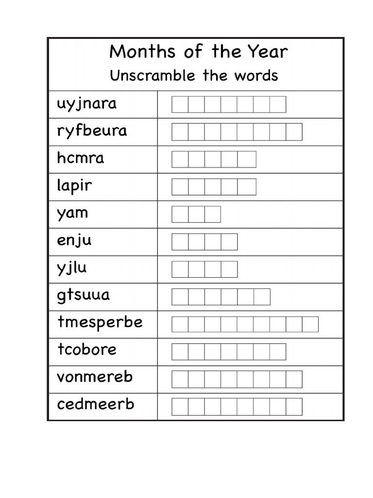 Months of The Year Unscramble The Words | PDF