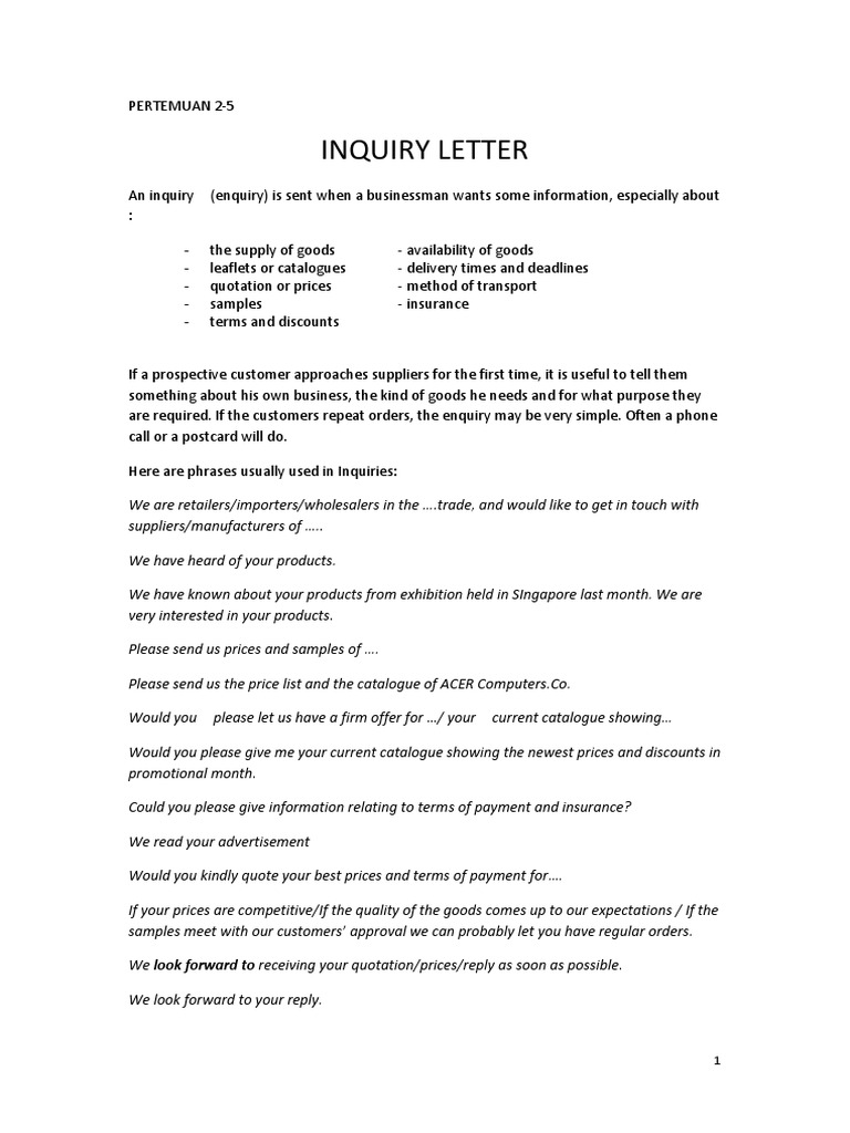 quotation letter-inquiry letter.docx | Supply Chain | Retail