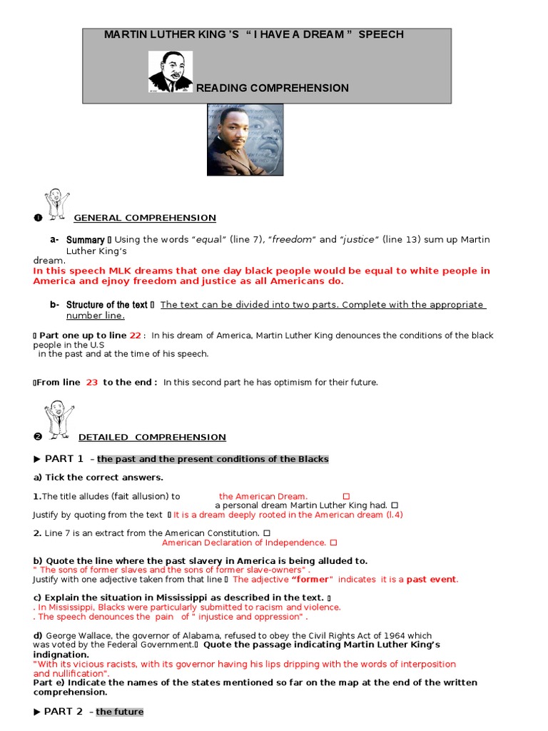 I Have A Dream READING Worksheet Answer Key | PDF | Martin Luther King ...