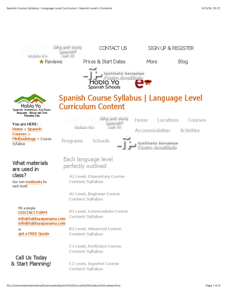 Spanish Course Syllabus - Language Level Curriculum - Spanish Level's ...