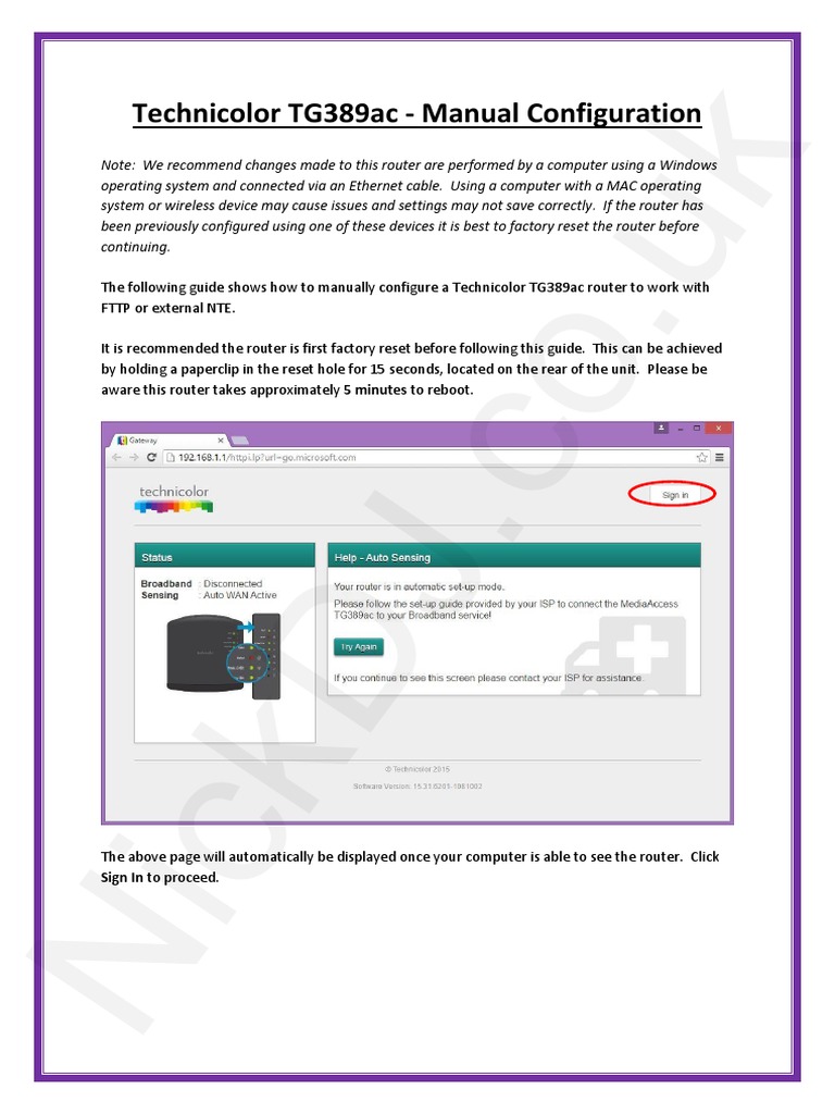 TG389ac Manual Configuration | PDF | Ip Address | Router (Computing)