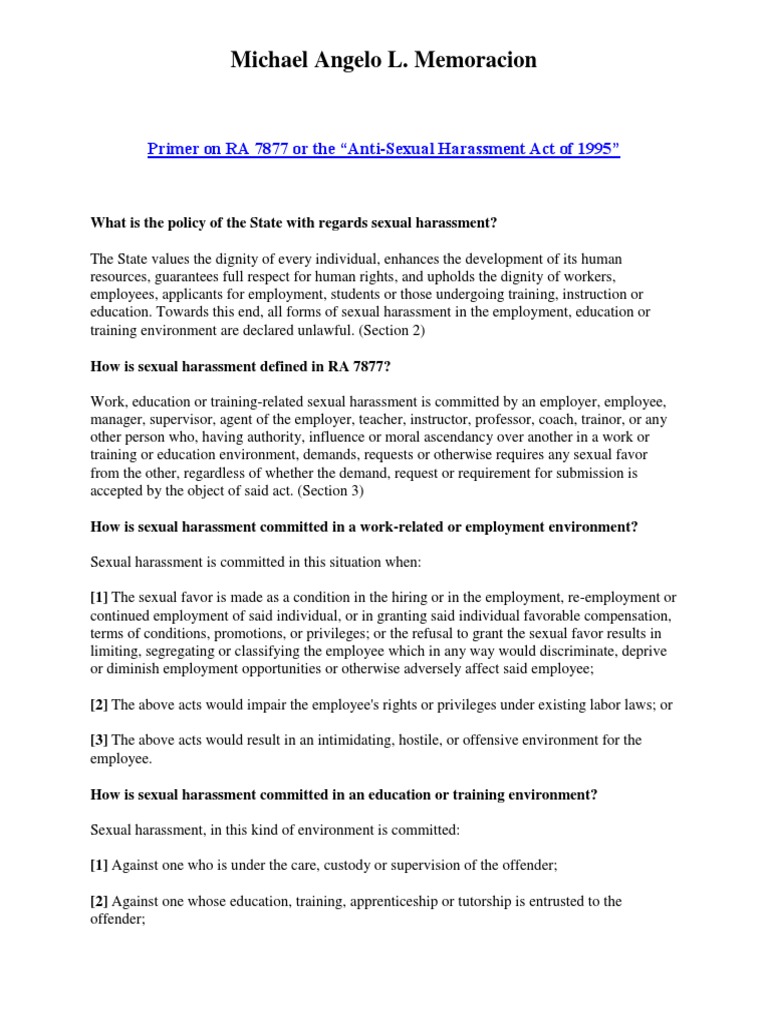 Understanding RA 7877: Anti-Sexual Harassment | PDF | Sexual Harassment ...