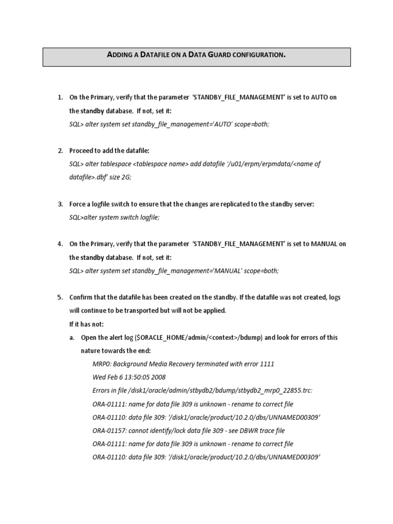 Adding A Datafile On A Data Guard Configuration | PDF | Teaching Methods & Materials ...