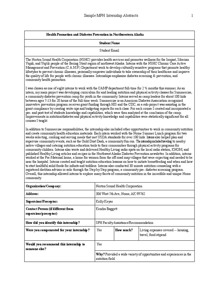 Sample MPH Internship Abstracts | PDF | Dietitian | Internship