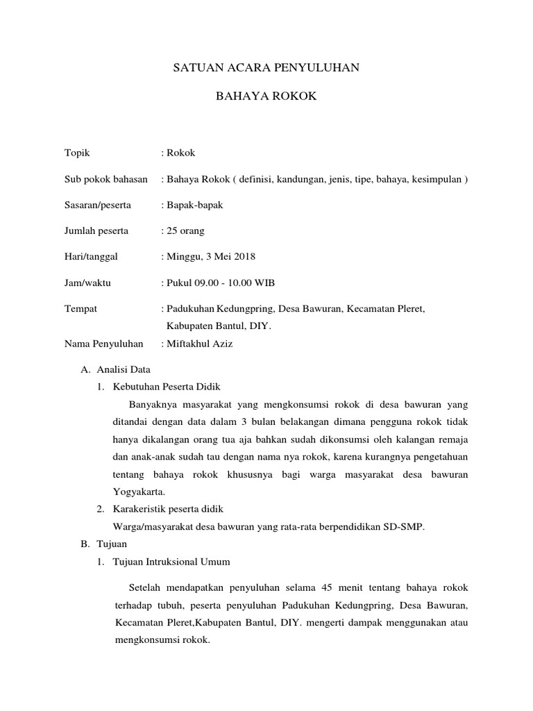 Satuan Acara Penyuluhan Bahaya Rokok | PDF | Science & Mathematics