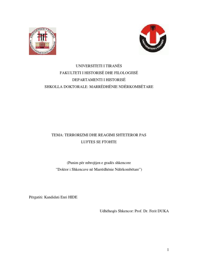 Doktoratura Enri Hide Fakulteti I Histori Filologjise Departamenti I Historise | PDF