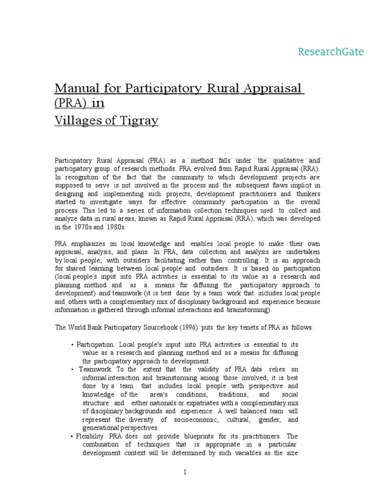 Manual For Participatory Rural Appraisal PRA in Vi | PDF | Community ...