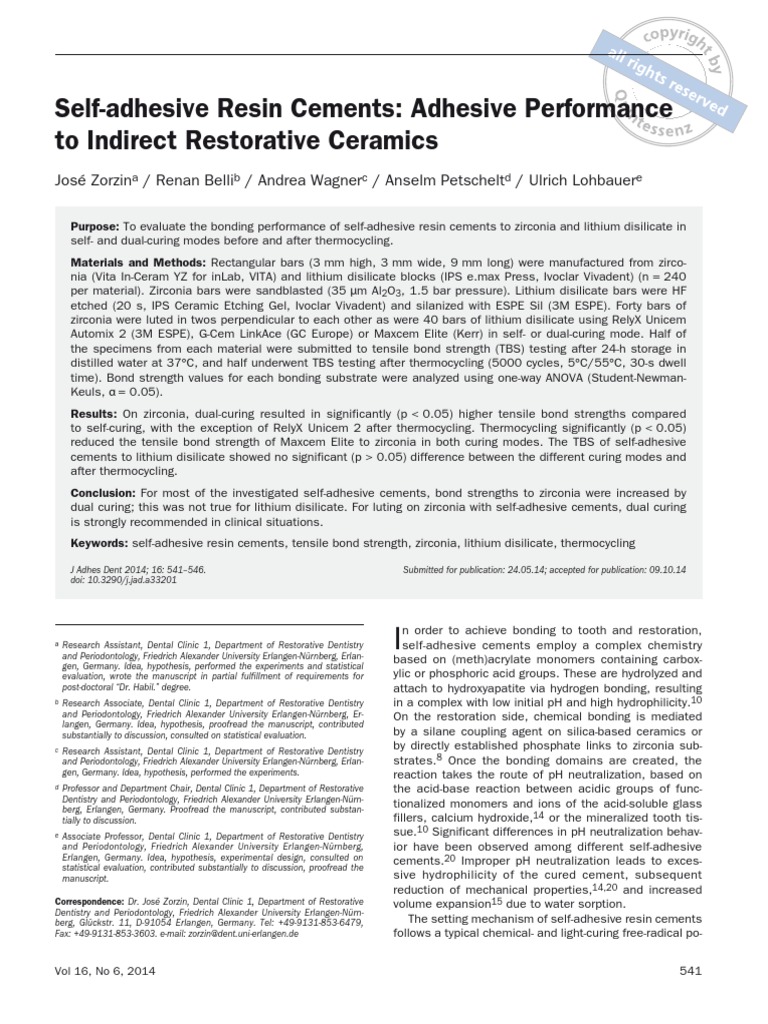 Self-Adhesive Resin Cements - Adhesive Performance To Indirect ...
