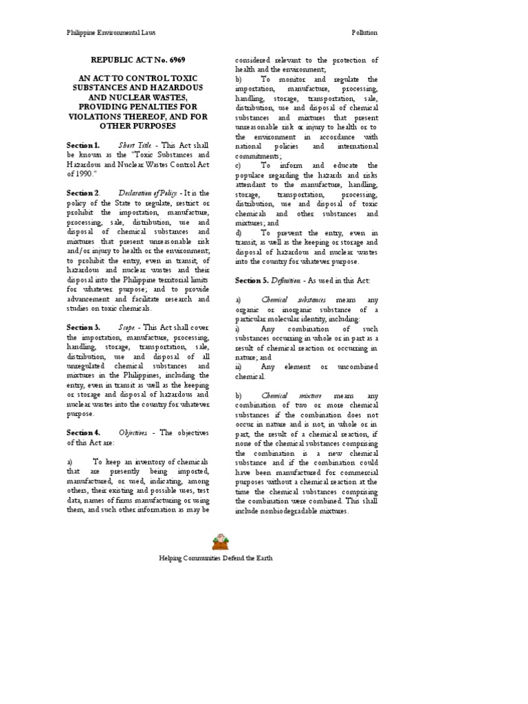 RA 6969 Toxic and Hazardous Waste Act PDF | PDF | Chemical Substances ...