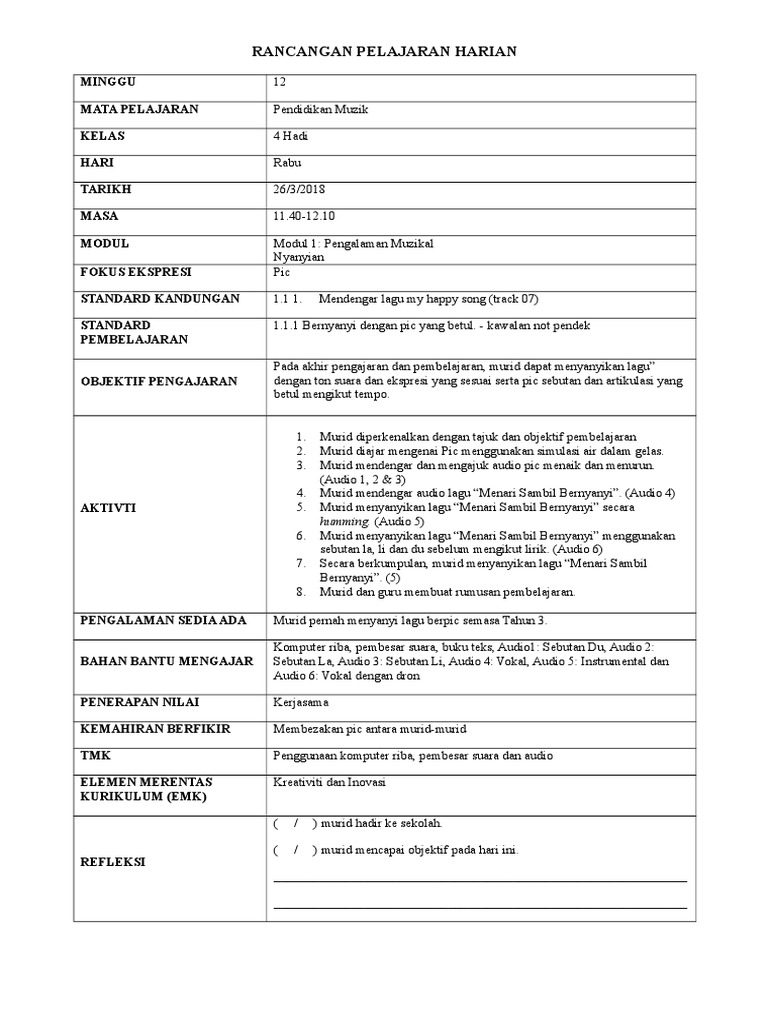 Contoh RPH Muzik Tahun 4 2018 | PDF