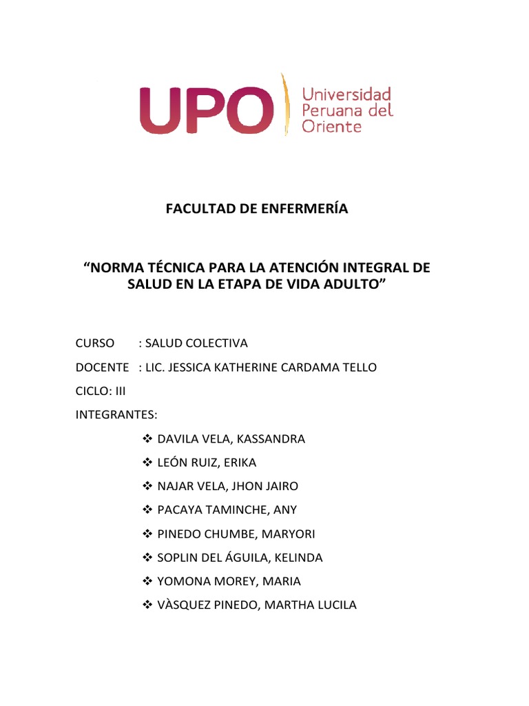 Norma Técnica Para La Atención Integral de Salud en La Etapa de Vida Adulto | Adultos | Hospital ...