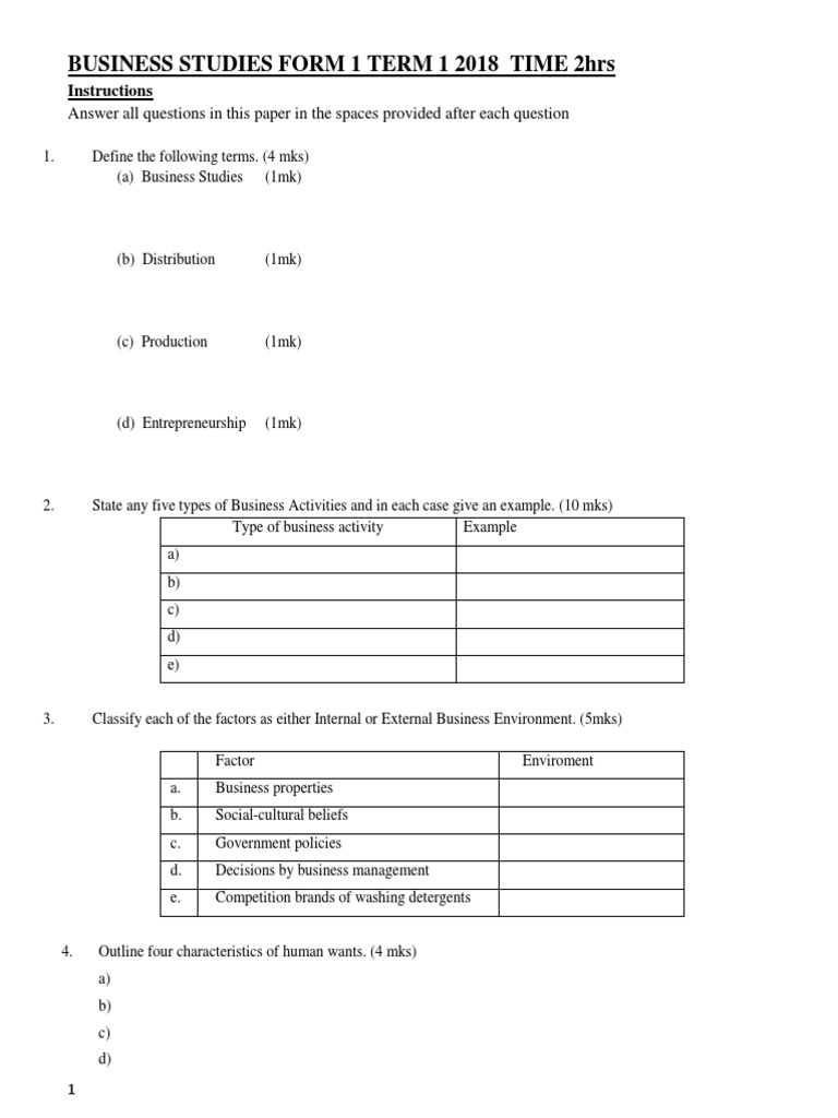 Business Studies Form 1 | PDF | Factors Of Production | Employment