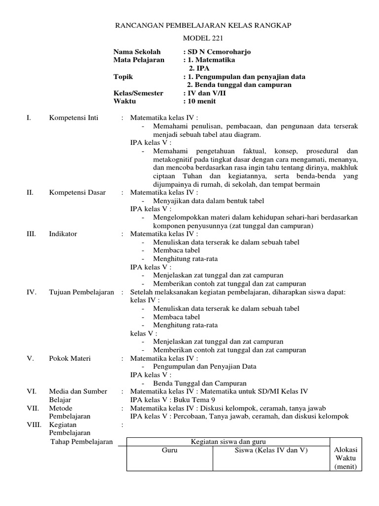 Contoh RPP Pembelajaran Kelas Rangkap | PDF