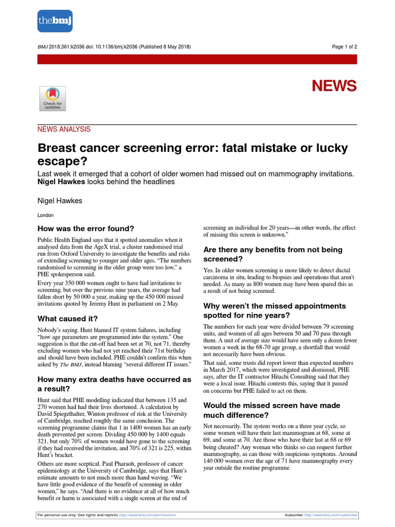 BMJ Breast Cancer Screening 2018 | PDF | Mammography | Screening (Medicine)