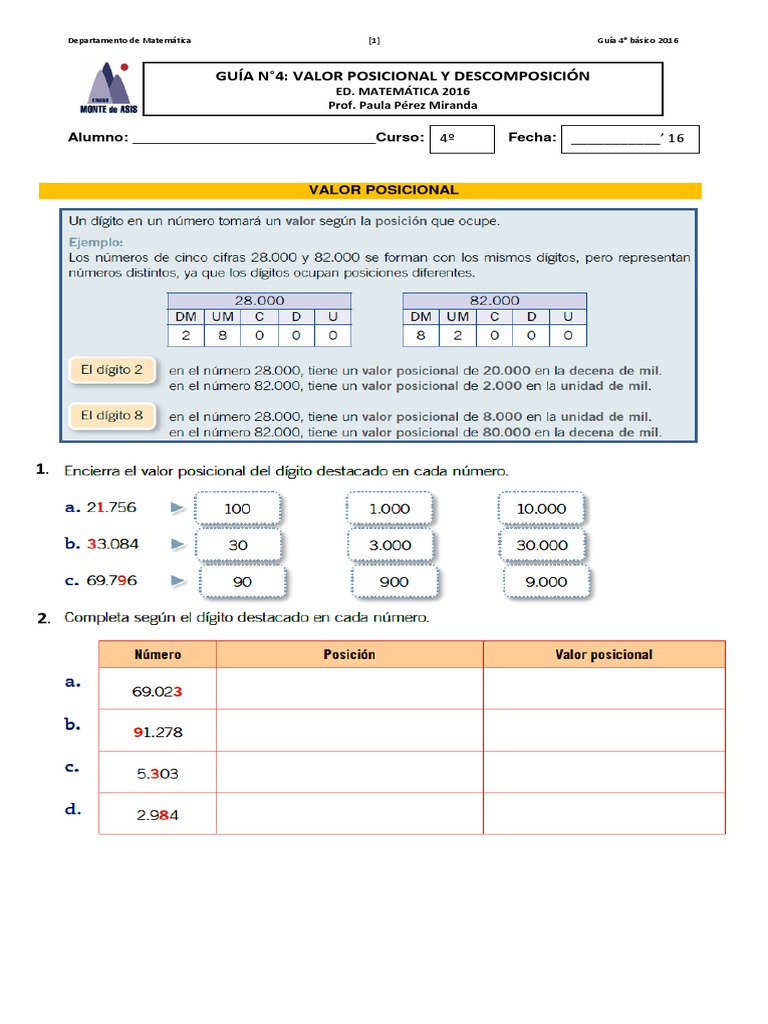 Guía de Valor Posicional y Descomposición | PDF