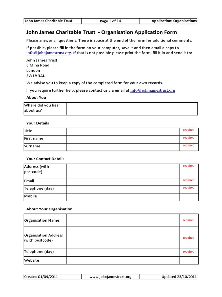 John James Charitable Trust - Organisation Application Form | PDF | Charitable Organization ...