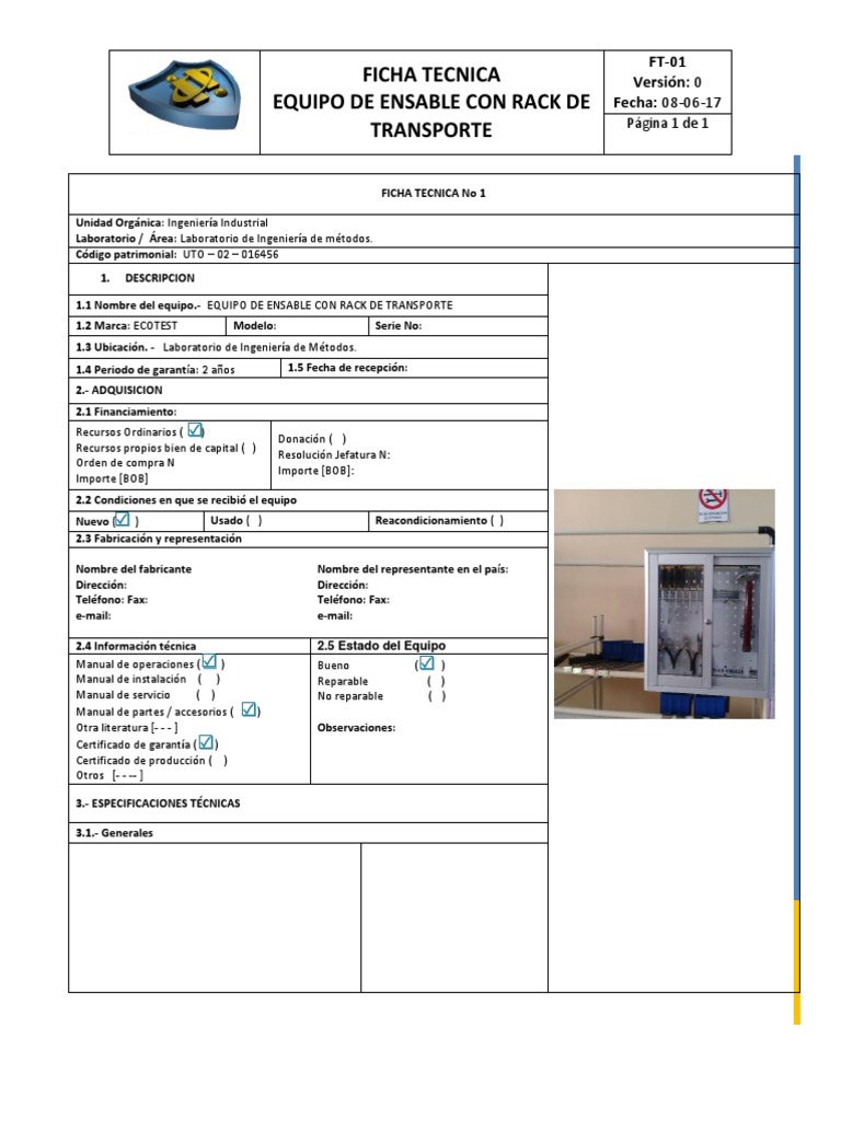 Ficha Técnica: Equipo Ensamble Rack | PDF