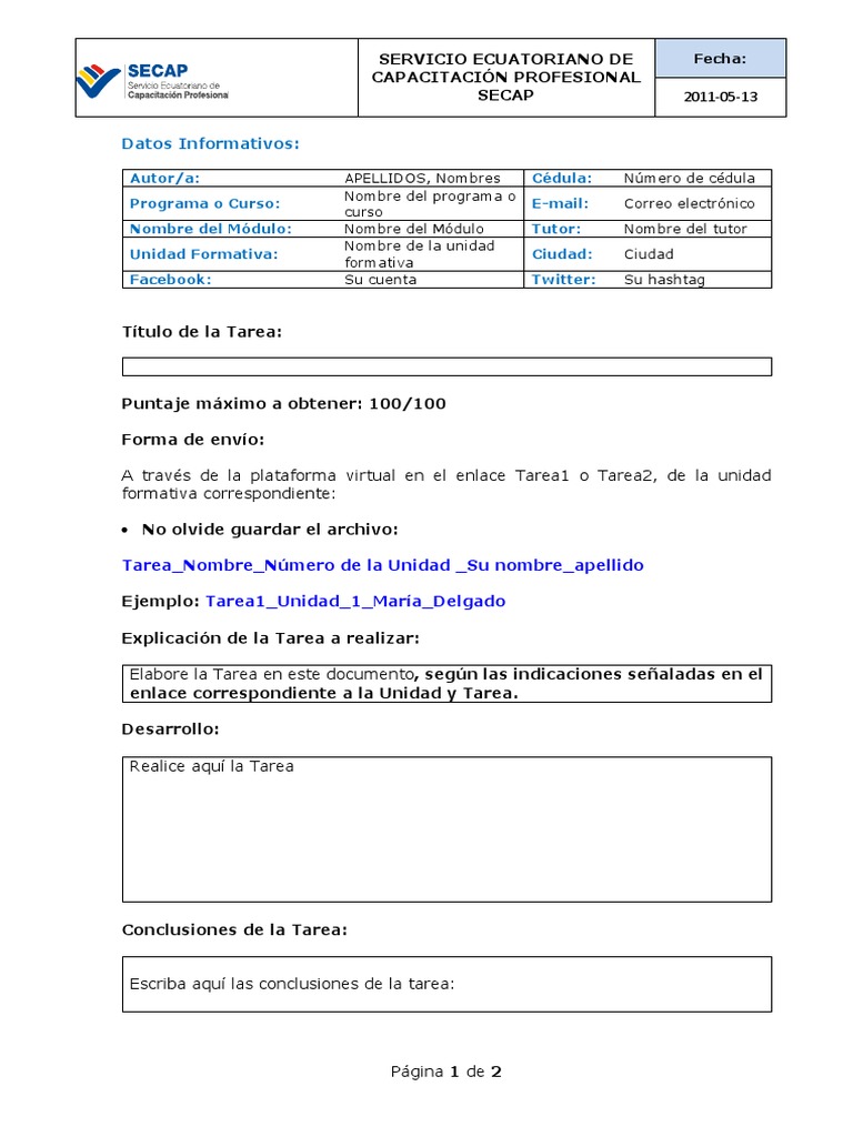Plantilla para Presentación de Tareas SECAP | PDF