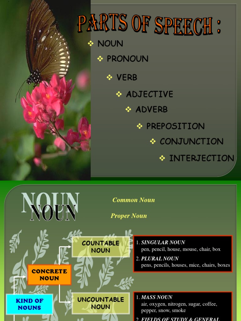 Noun Pronoun Verb Adjective Adverb Preposition Conjunction Interjection ...