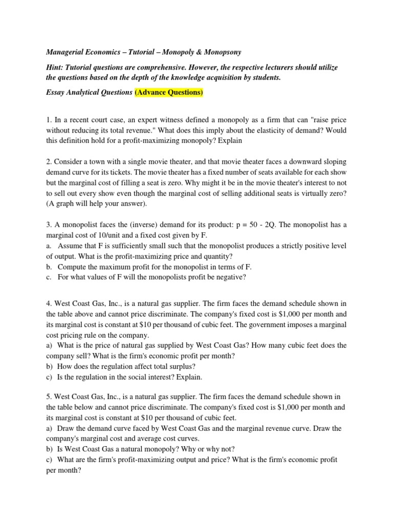 Tutorial - Chapter 6 - Monopoly Questions | PDF | Monopoly | Demand