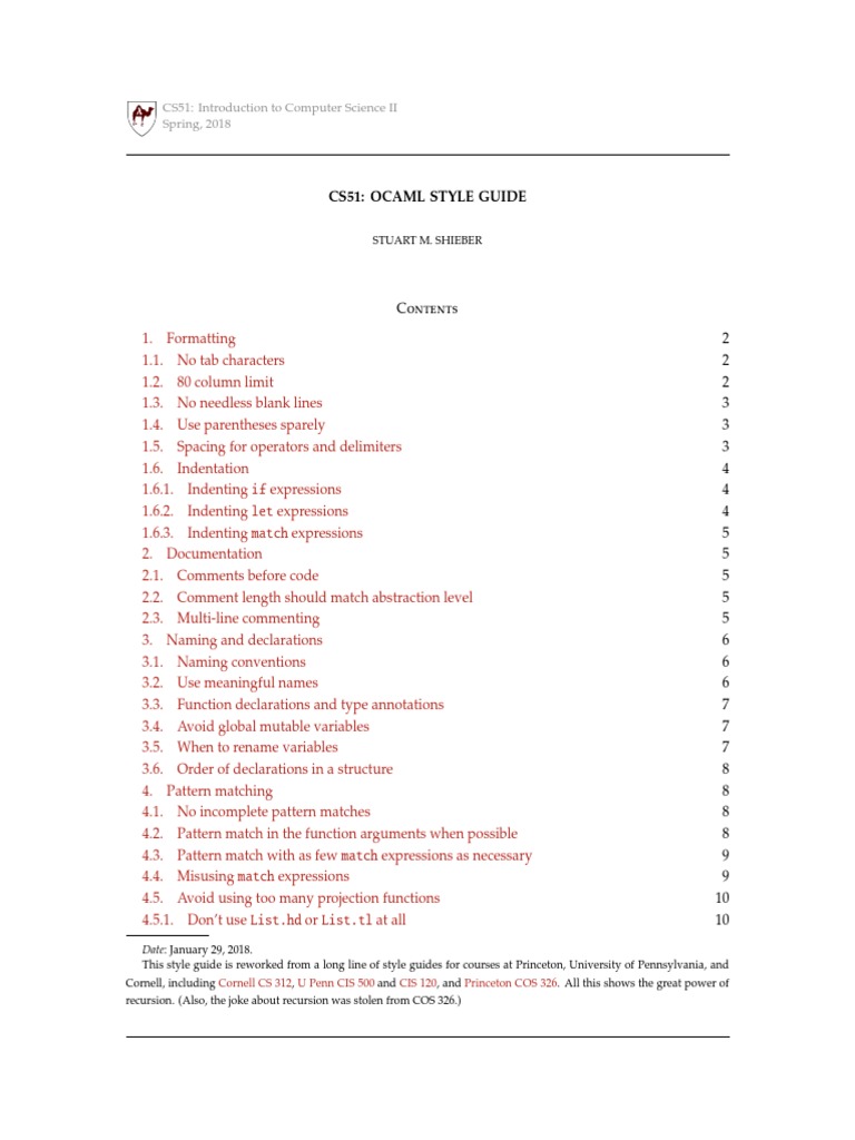 Cs51 Introduction To Computer Science Ii Spring 2018 Cs51 Ocaml Style Guide Pdf