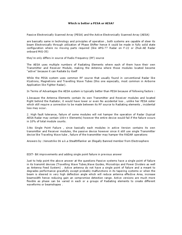 PESA Vs AESA | PDF | Radar | Telecommunications
