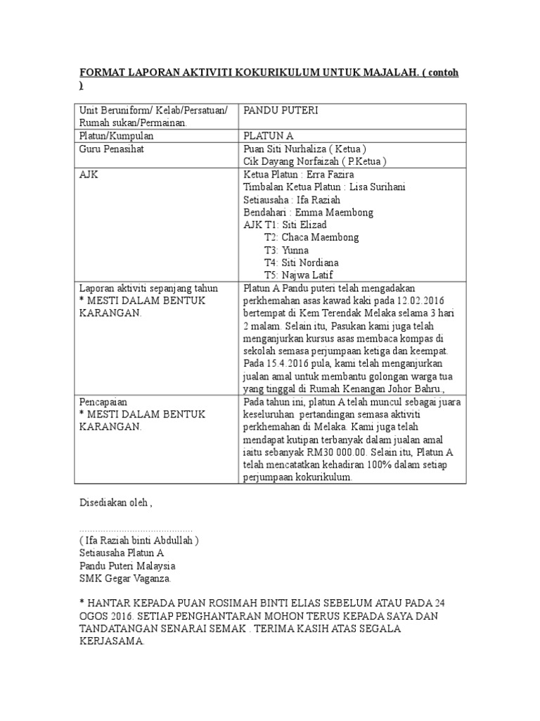 Format Laporan Aktiviti Kokurikulum Untuk Majalah | PDF