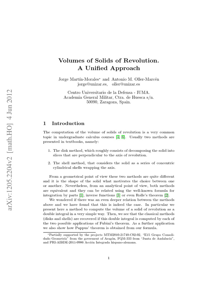 Volumes of Solids of Revolution. A Unified Approach | PDF | Integral ...