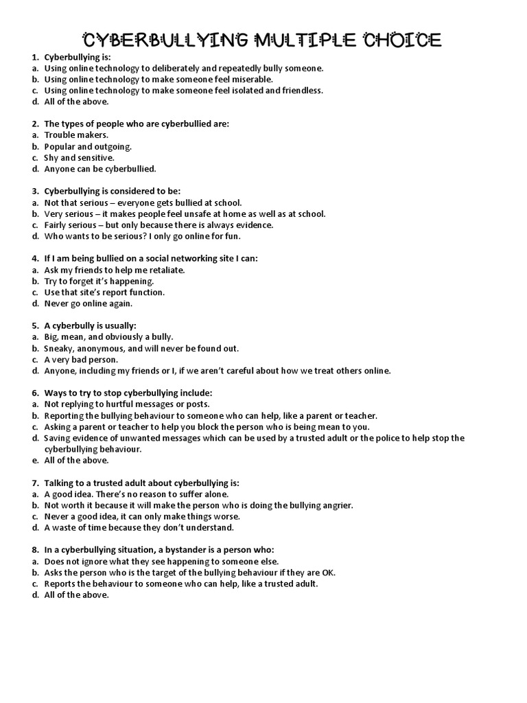 Cyberbullying Multiple Choice PDF | PDF | Cyberbullying | Bullying