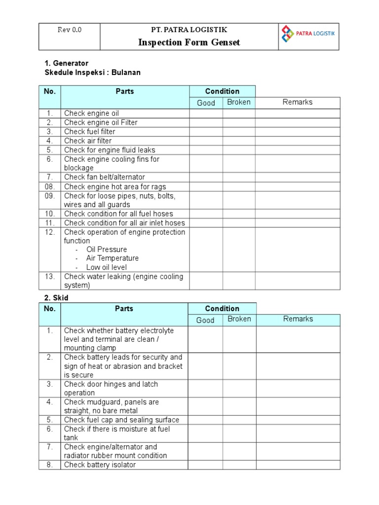 07 IOT - Form - Inspection Generator Set 1 | PDF