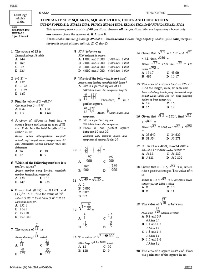 Maths F2 Topical Test 2 (Dwi) | PDF