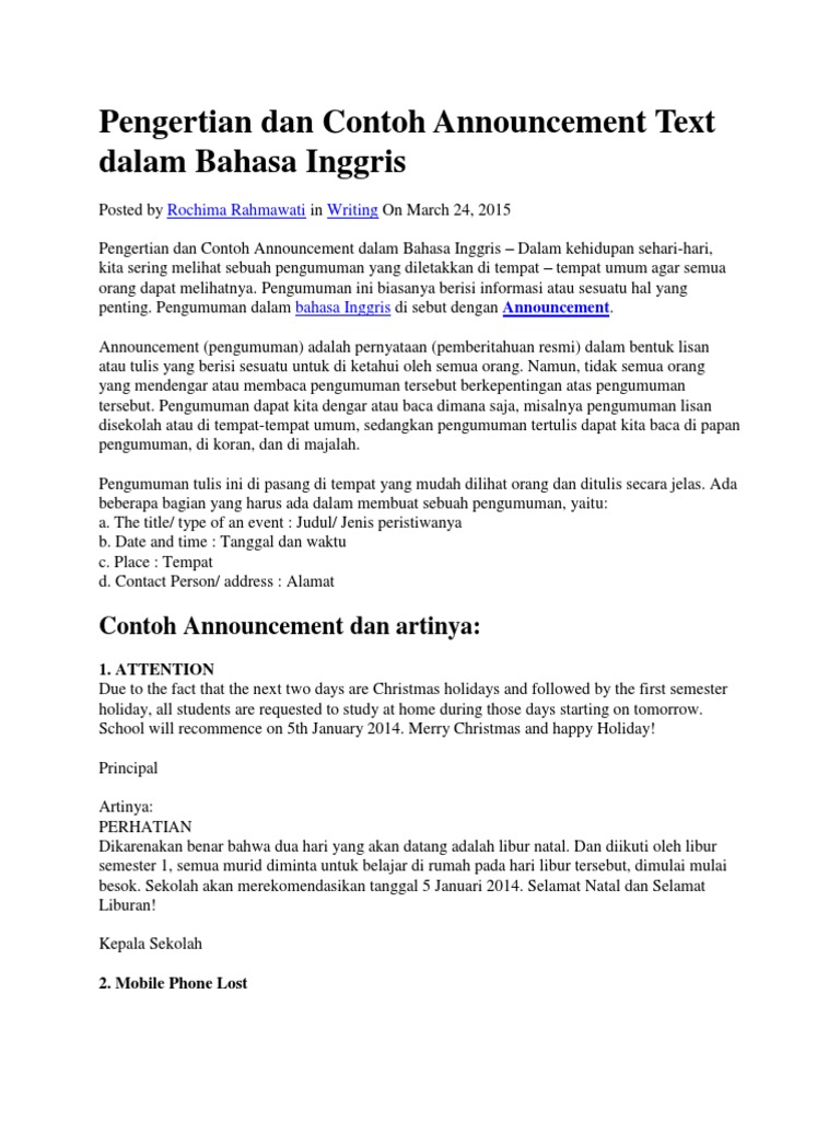 Pengertian Dan Contoh Announcement Text Dalam Bahasa Inggris | PDF