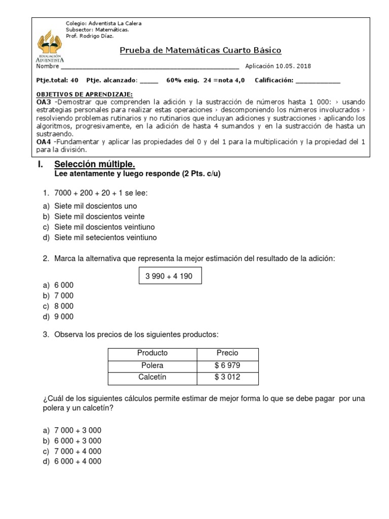 Prueba de Sumas y Restas 4° Básico | PDF | Sustracción | Matemática ...